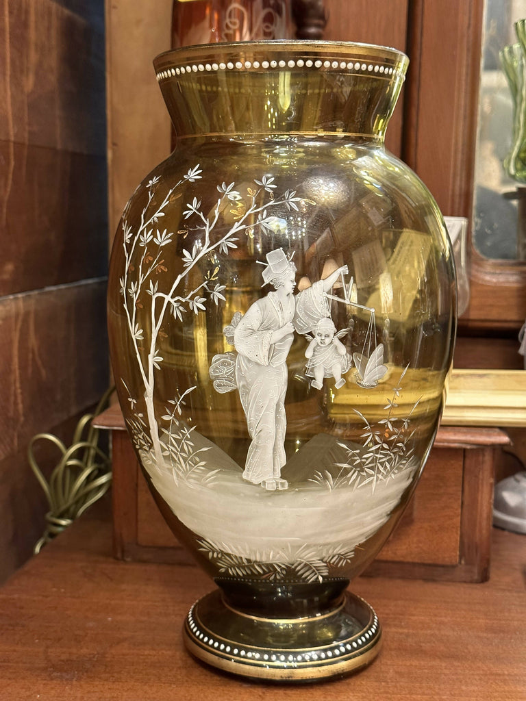 Pair of MARY GREGORY Vases, Smoky Glass, Chinoiserie designs Excellent ...