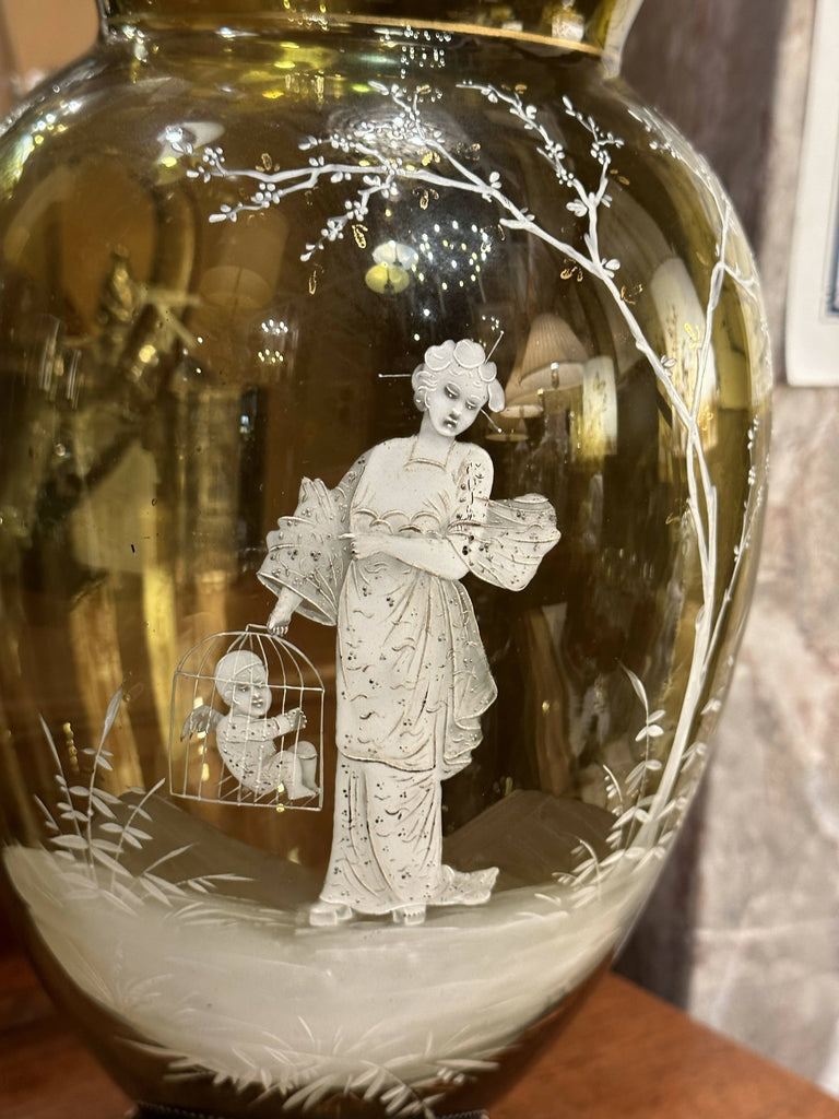 Pair of MARY GREGORY Vases, Smoky Glass, Chinoiserie designs Excellent ...